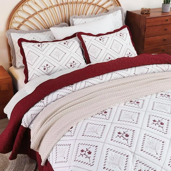 Floral Embroidery Quilt Set,3 Pieces King Size Quilt Bedding Set ...