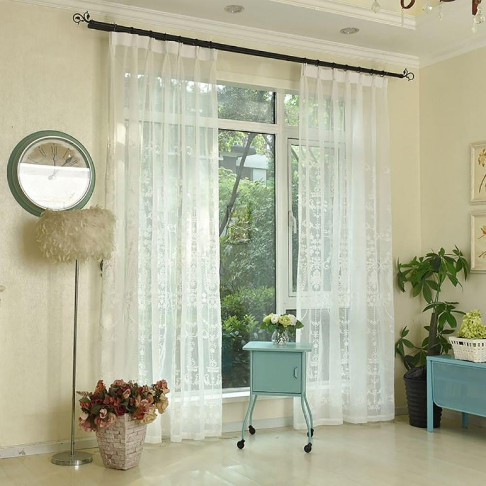 Floral Embroidery Sheer Curtains White 98.4 Inch Length,Perforated ...