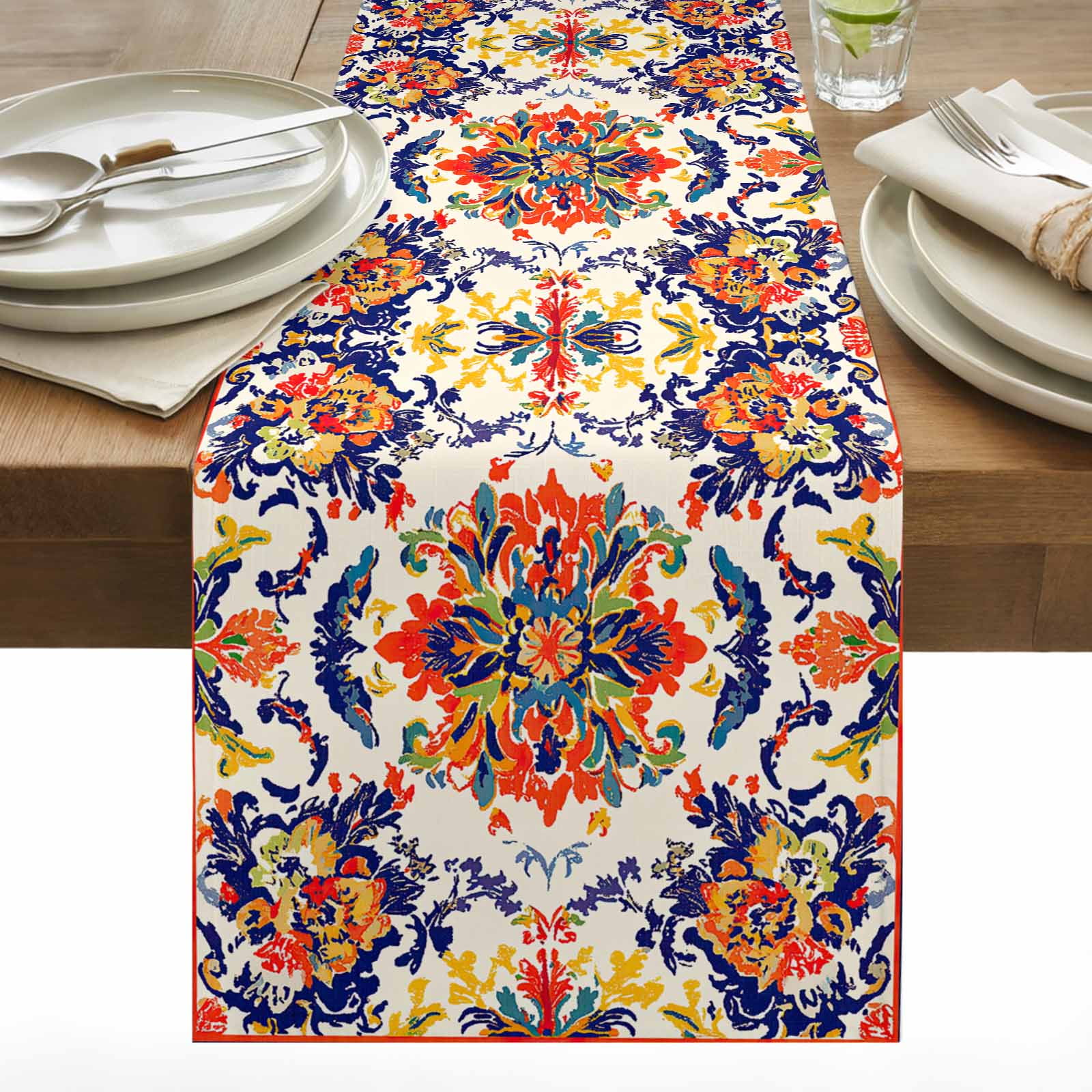 Floral Ethnic Table Runner 13x60 inch Flower Watercolor Cotton Linen ...