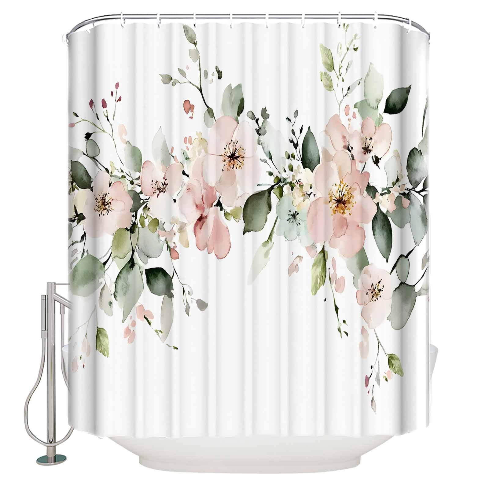 Floral Eucalyptus Leaves Bathroom Shower Curtains with 12 Hooks ...