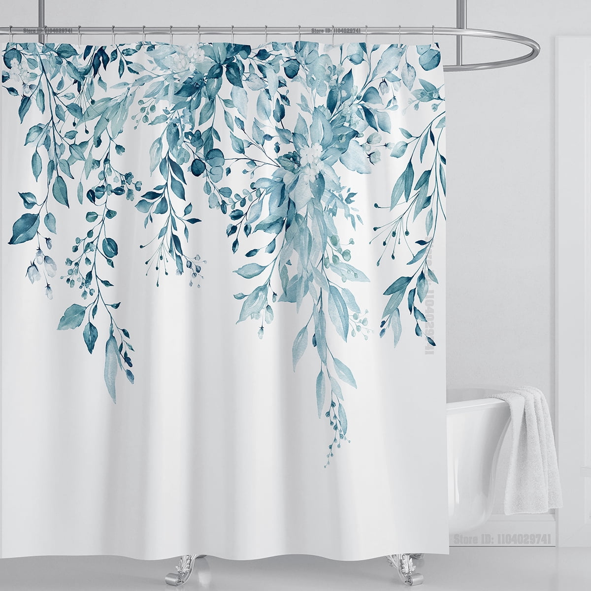 Floral Eucalyptus Watercolor Shower Curtain Set - Emerald Green Fabric ...