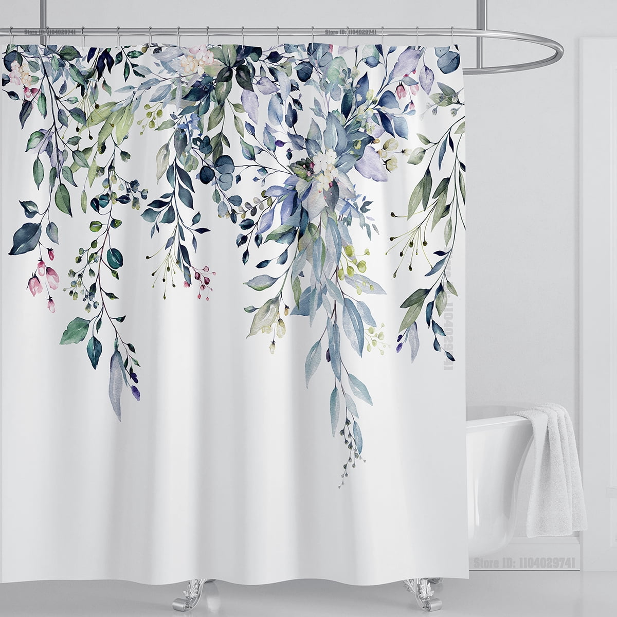 Floral Eucalyptus Watercolor Shower Curtain Set - Emerald Green Fabric ...