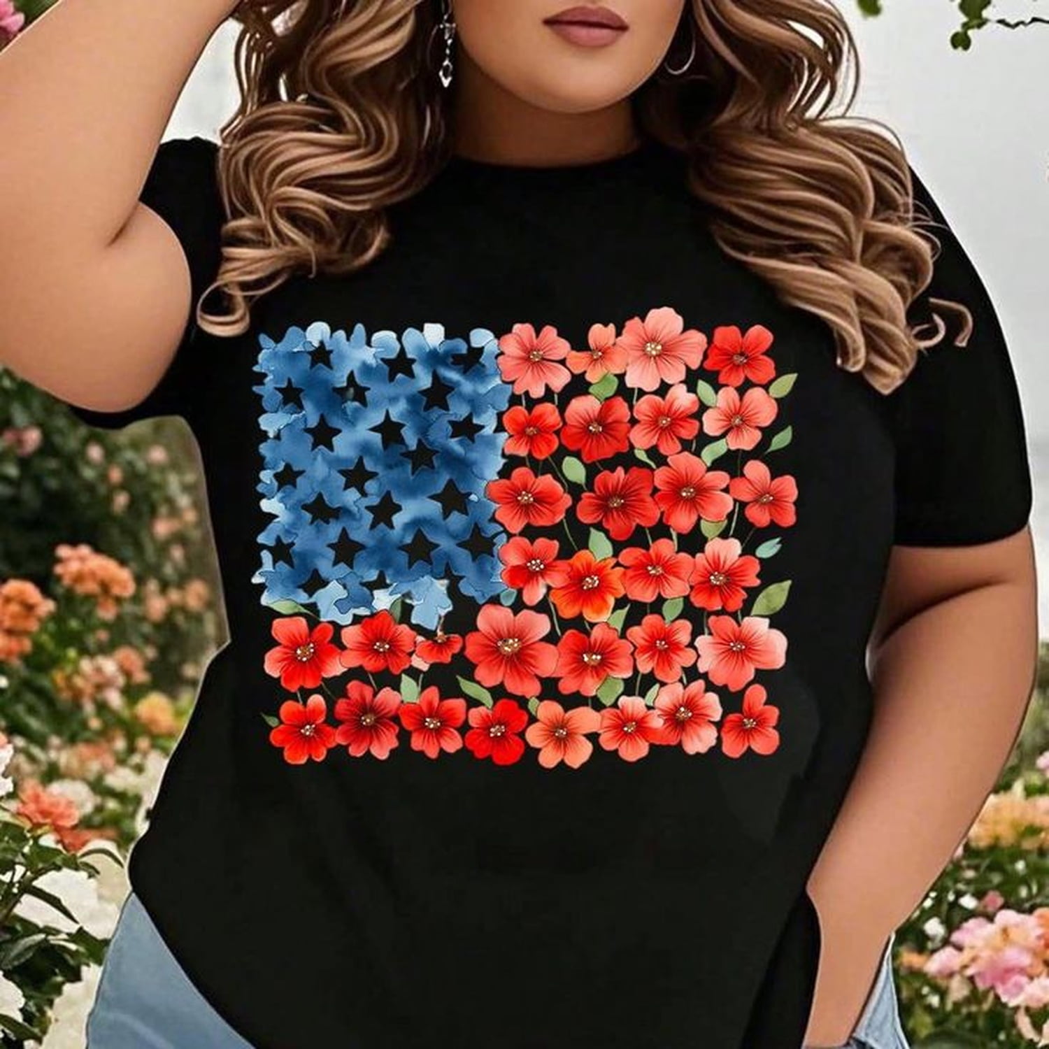 Floral F1lag T-S1Hirt For WoM1en Plus Size Patriotic 4th Of July ...