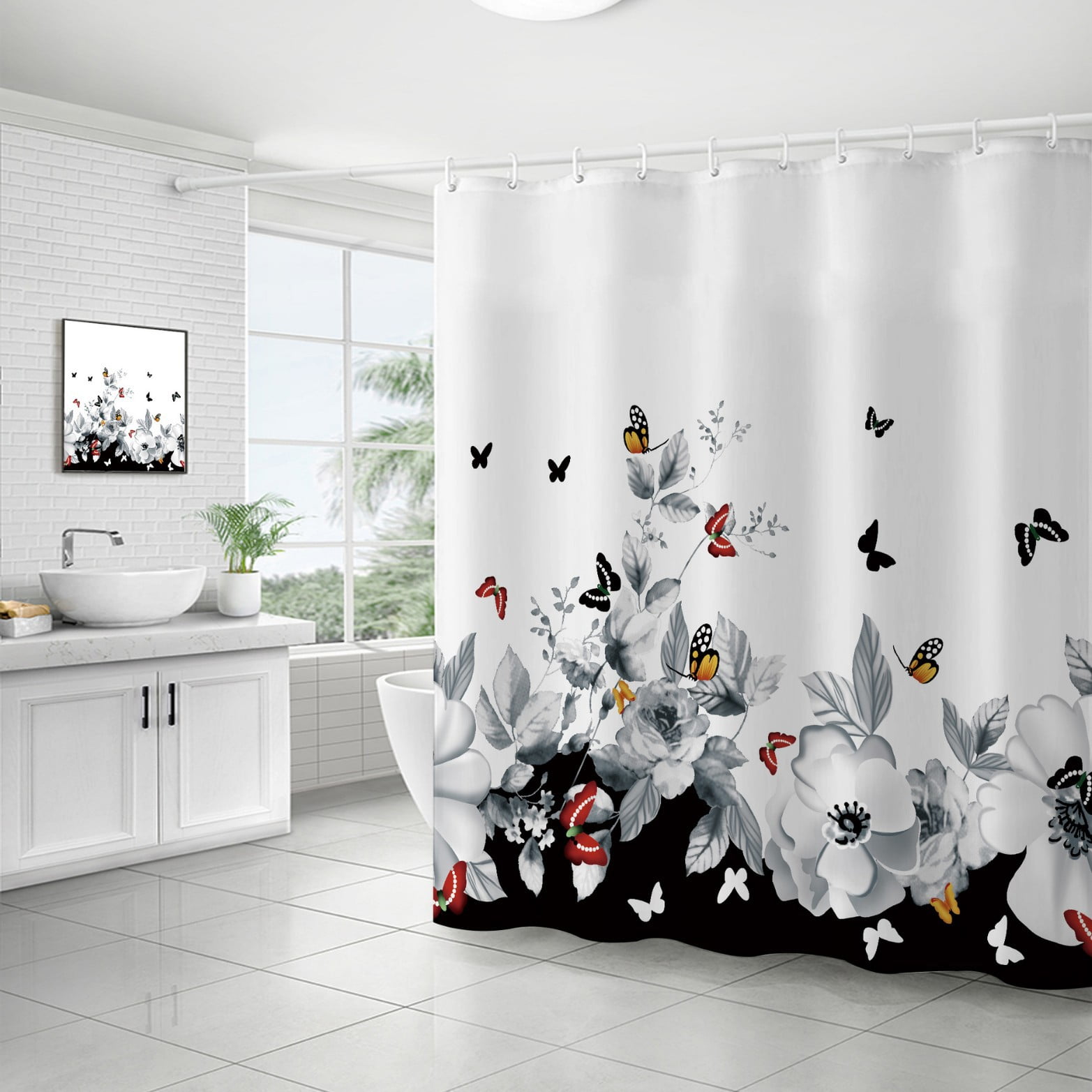 Floral Fabric Shower Curtain, Flower and Butterfly Design, Water ...