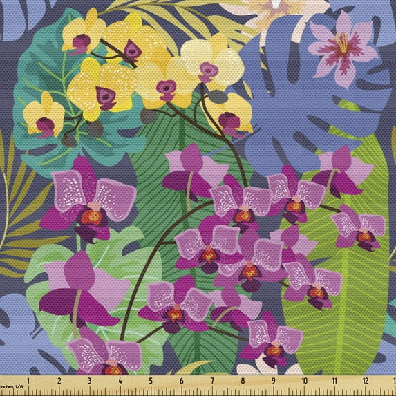 Ambesonne Floral Fabric by the Yard Upholstery, Botanic Orchid Blooms ...