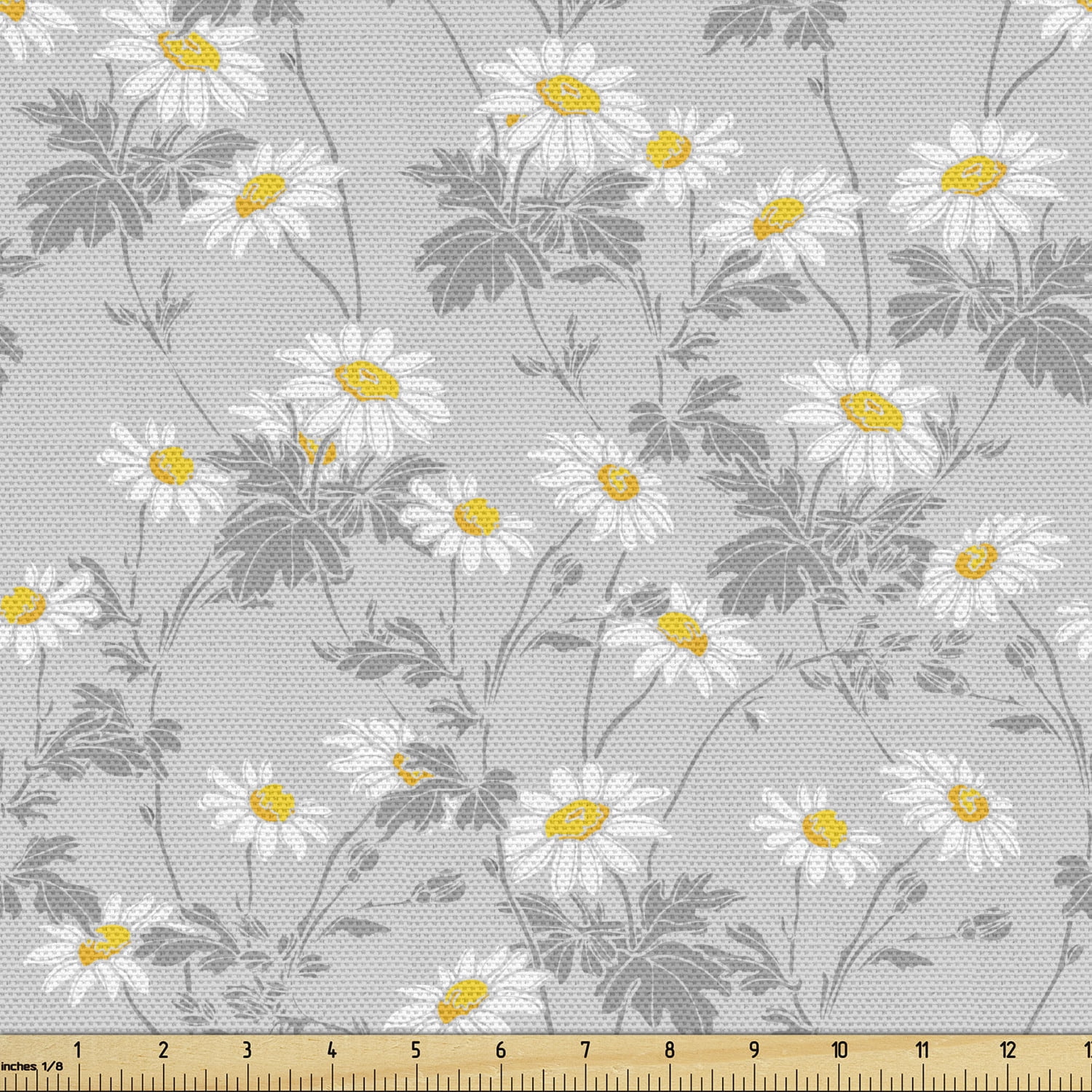 Ambesonne Floral Fabric by the Yard Upholstery, Greyscale Tone Daisies ...