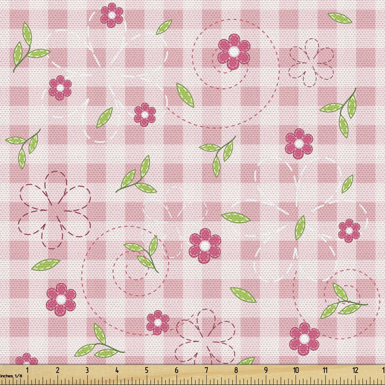 Ambesonne Pink Green Fabric by the Yard Upholstery, Checkered Flower ...
