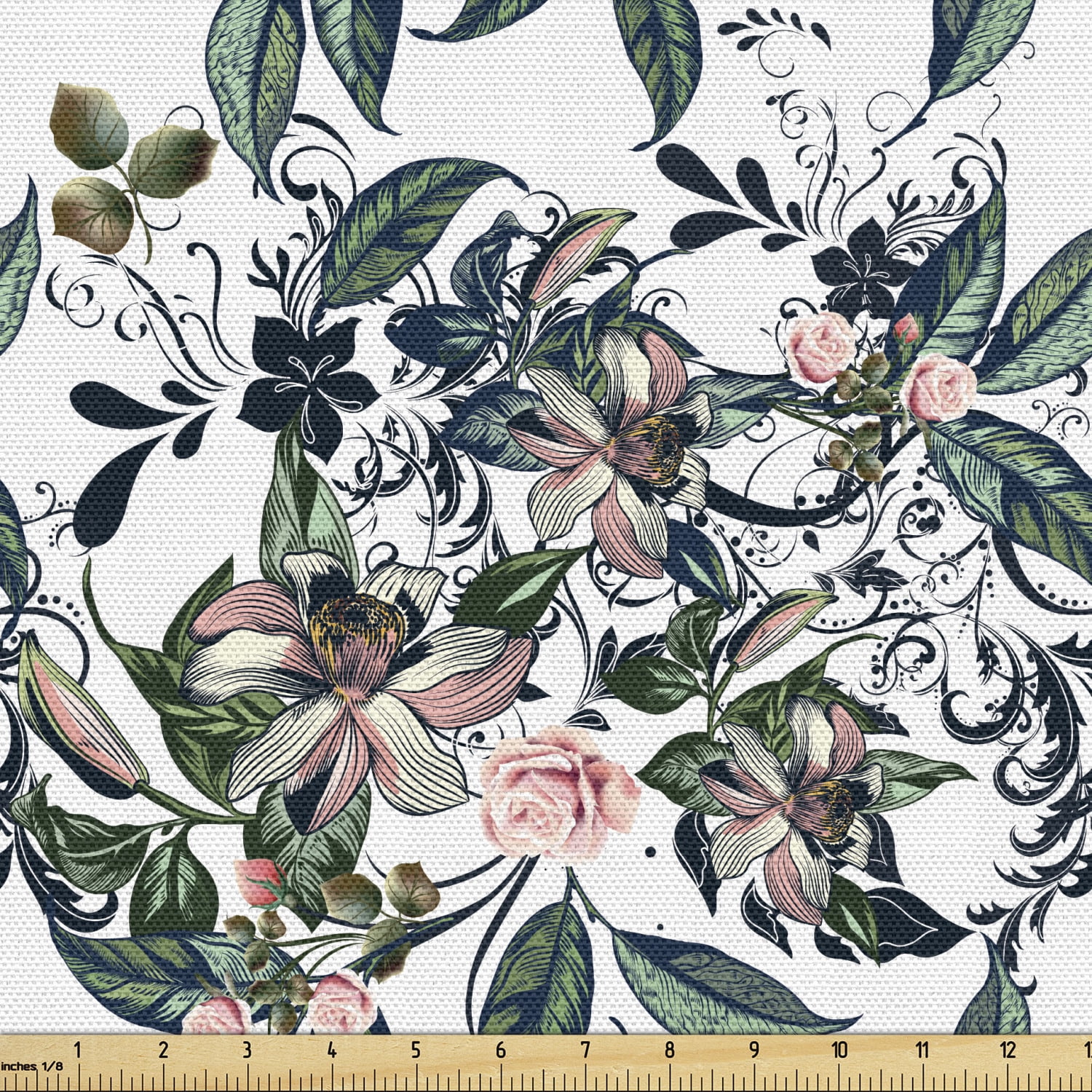Floral Fabric by the Yard Upholstery, Botanical Themed Pattern of ...