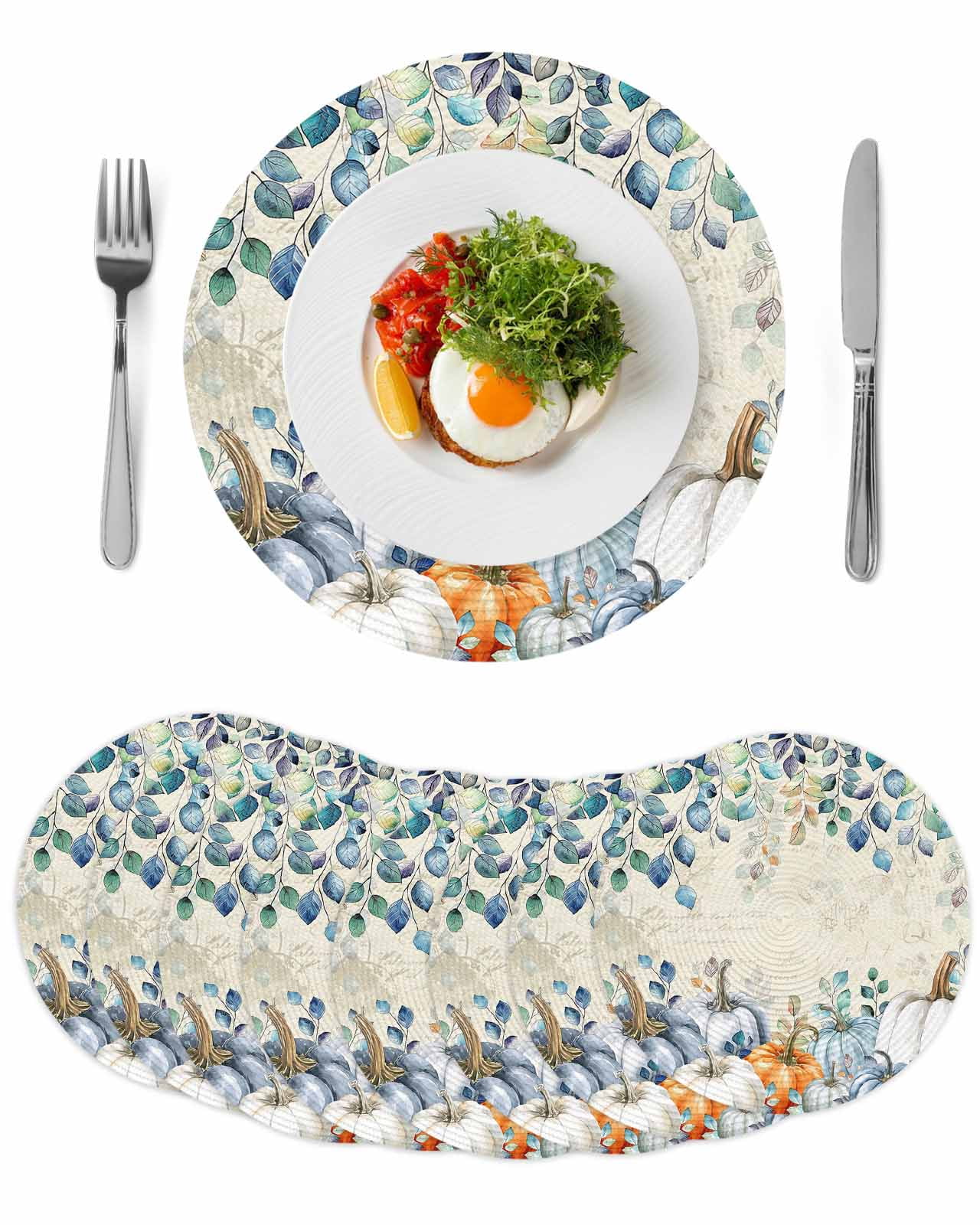 Floral Fall Thanksgiving Round Table Placemats set of 8, Orange White ...