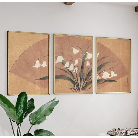 Floral Fan Artwork Japanese Ink Art Set 3 Unframed Paper Print 16x24 ...