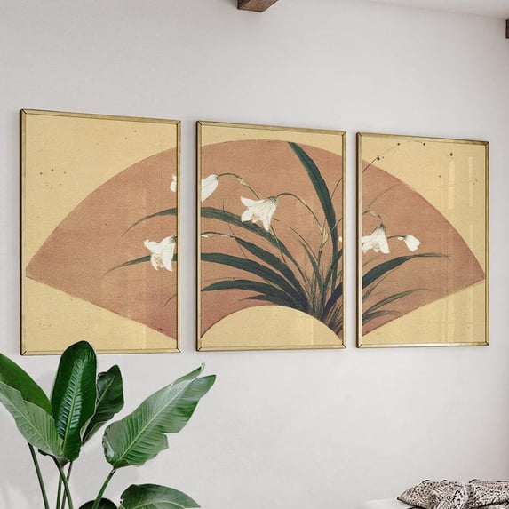 Floral Fan Artwork Poster, Japanese Ink Print Set 3 Stretched Canvas ...