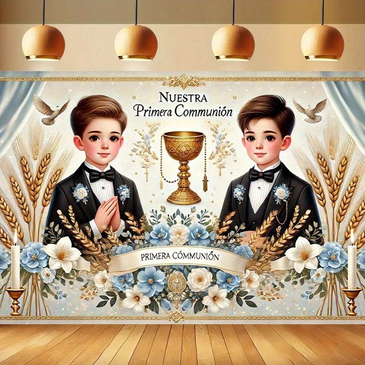 Floral First Communion Backdrop for Twin Boys Nuestra Primera Comunión ...