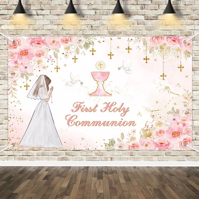 Floral First Holy Communion Backdrop Pink Mi Primera Comunión ...