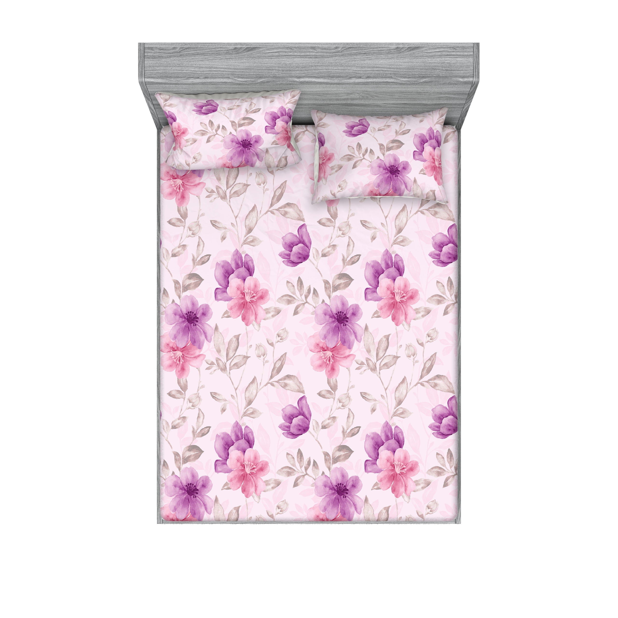 Floral Fitted Sheet & Pillow Sham Set, Pastel Colored Design Botanical ...