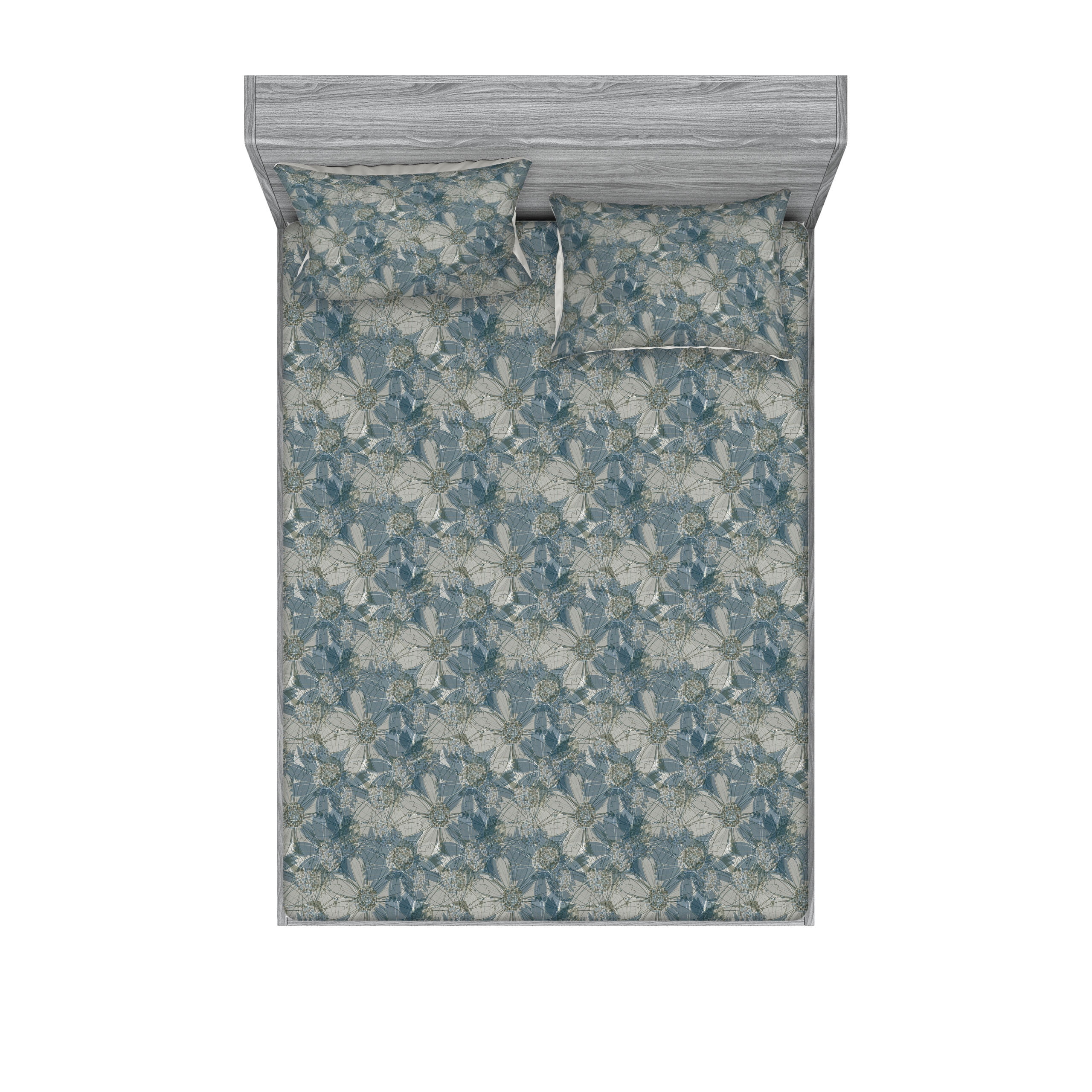 Floral Fitted Sheet & Pillow Sham Set, Retro Art Style Pattern of ...