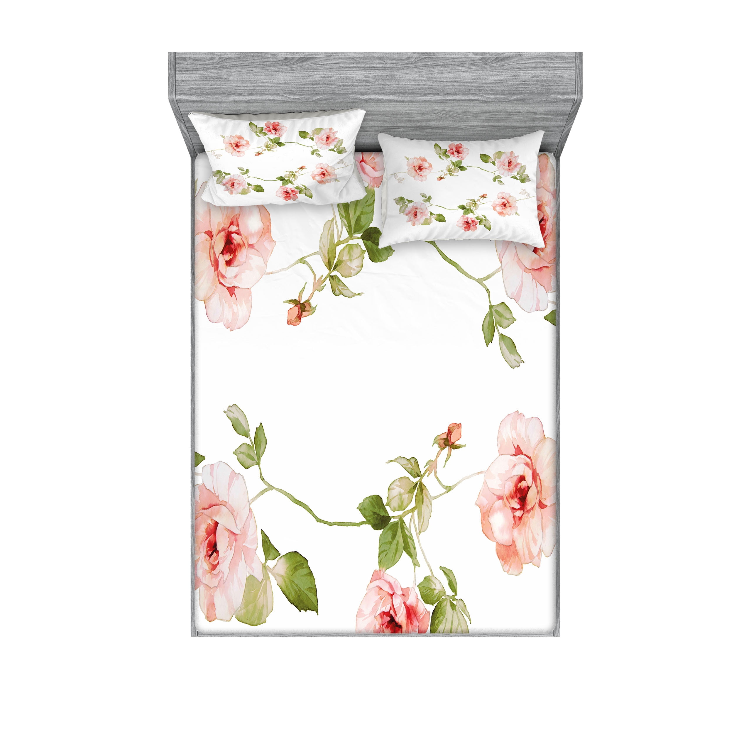 Floral Fitted Sheet & Pillow Sham Set, Romantic Rose Flower Petals ...