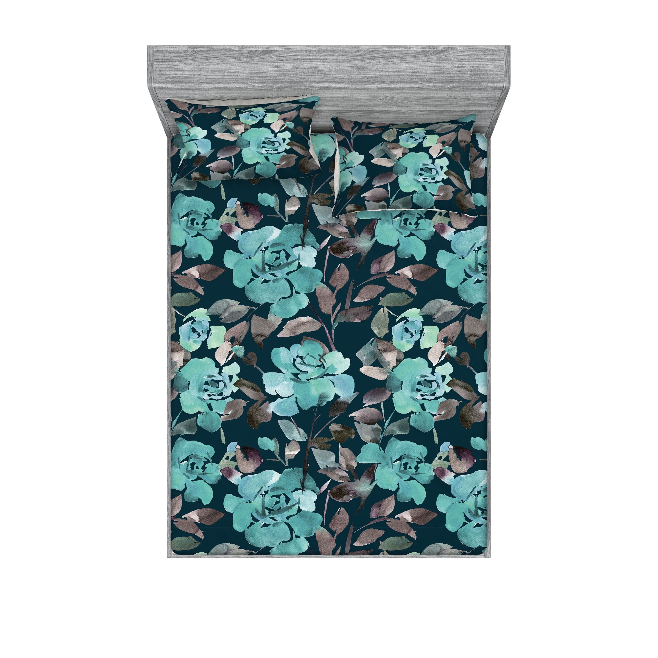 Floral Fitted Sheet & Pillow Sham Set, Watercolor Roses and Leaves in ...