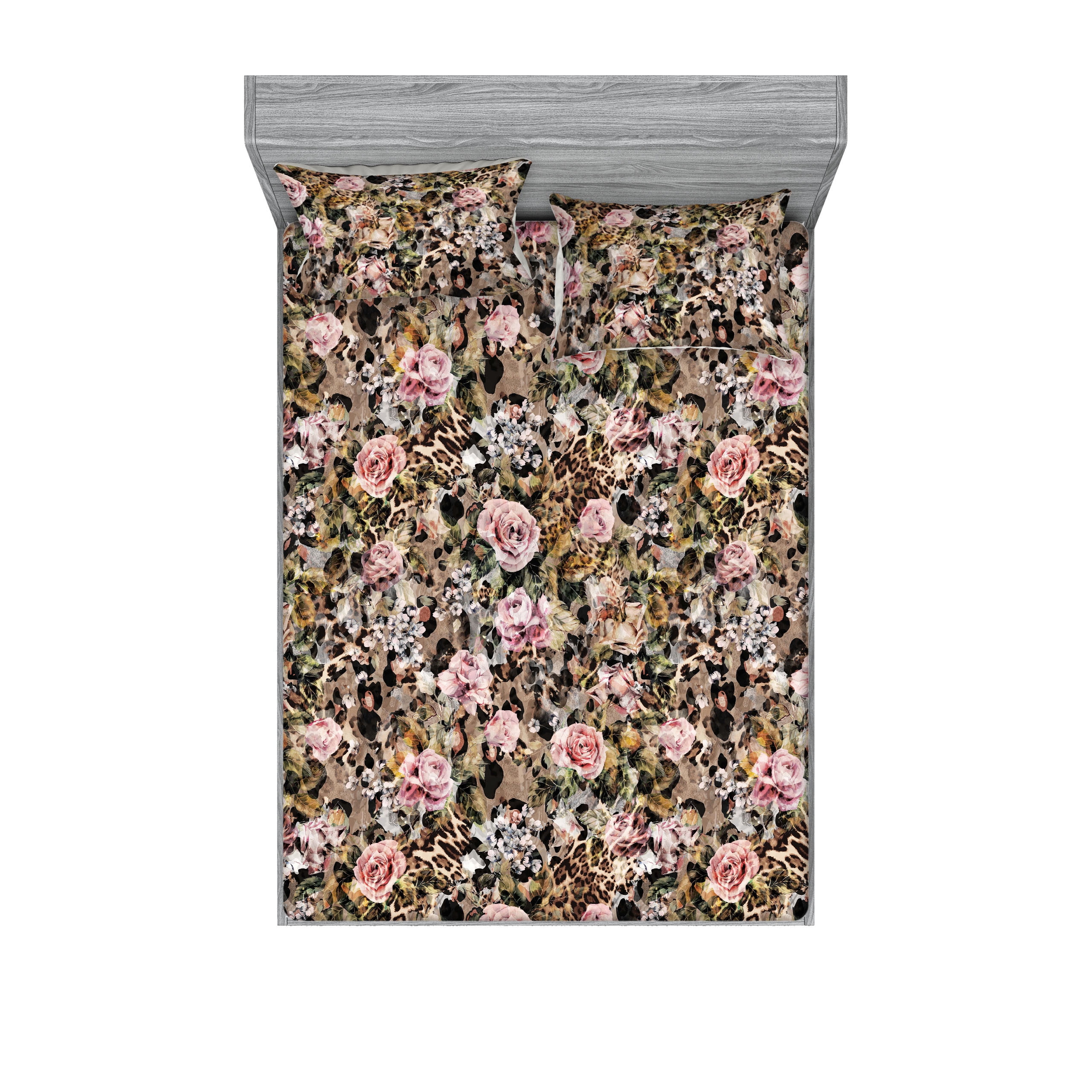 Floral Fitted Sheet & Pillow Sham Set, Wild Nature Themed Digital Illustrated Rose Pattern With ...