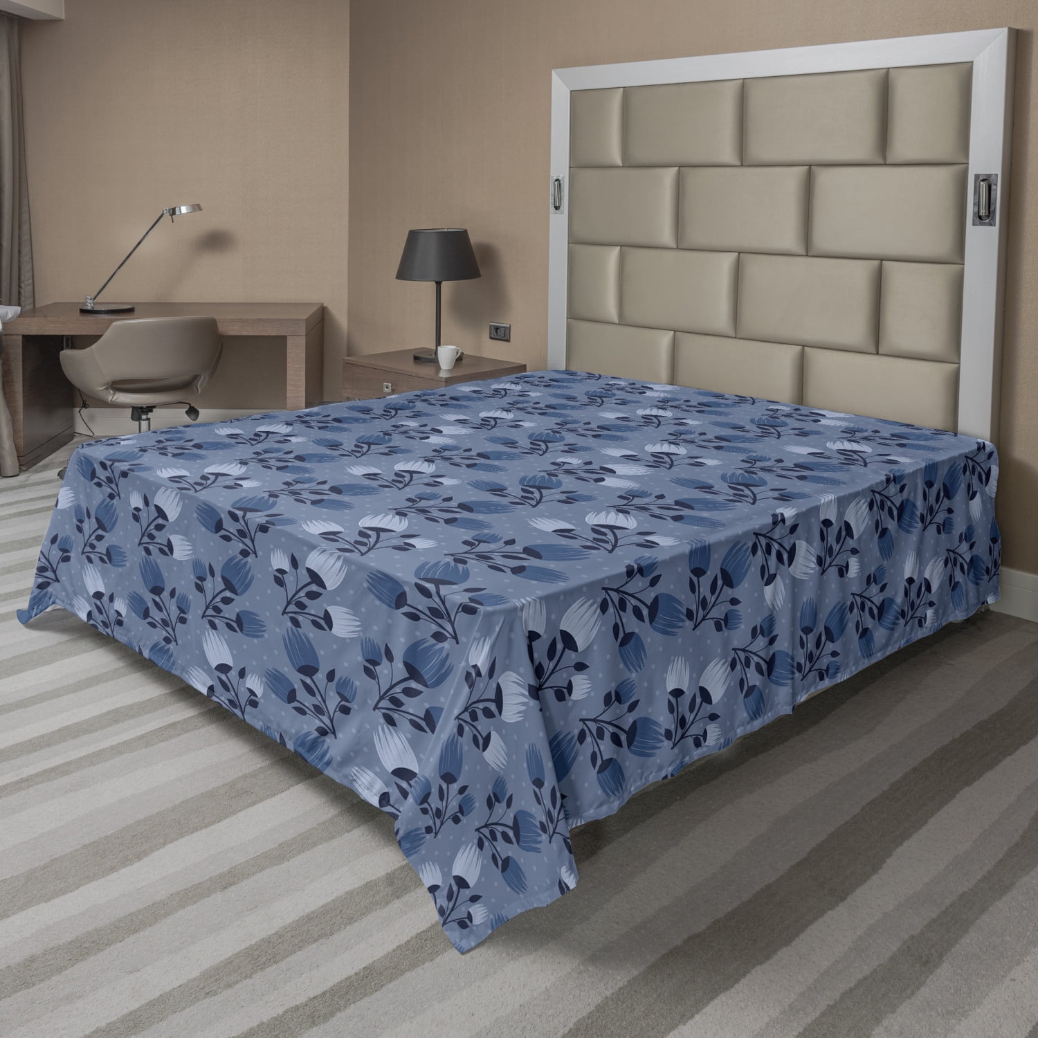 Floral Flat Sheet, Abstract Flowers in Pastel Cold Tones Monochrome ...