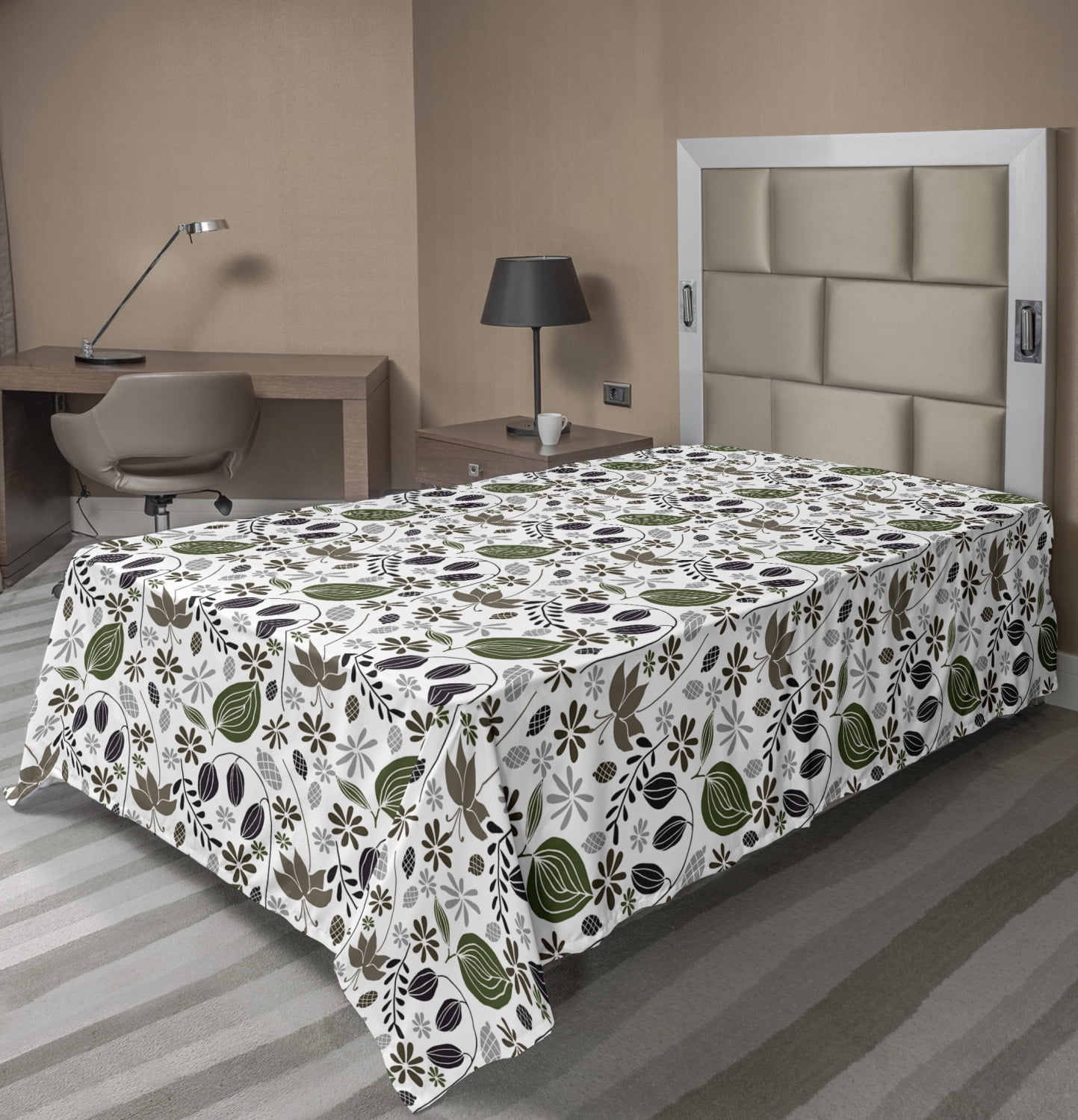 Floral Flat Sheet, Botanical Petals Field Foliage Branches Flowers Fern ...