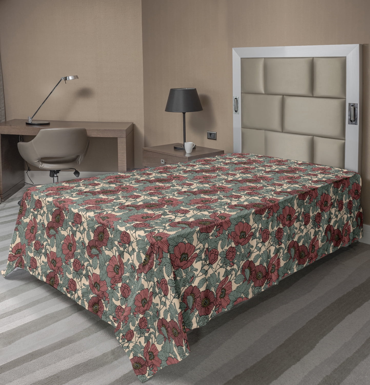 Floral Flat Sheet, Clutter of Wild Roses Leaves Calm Soft Pastel Tones ...