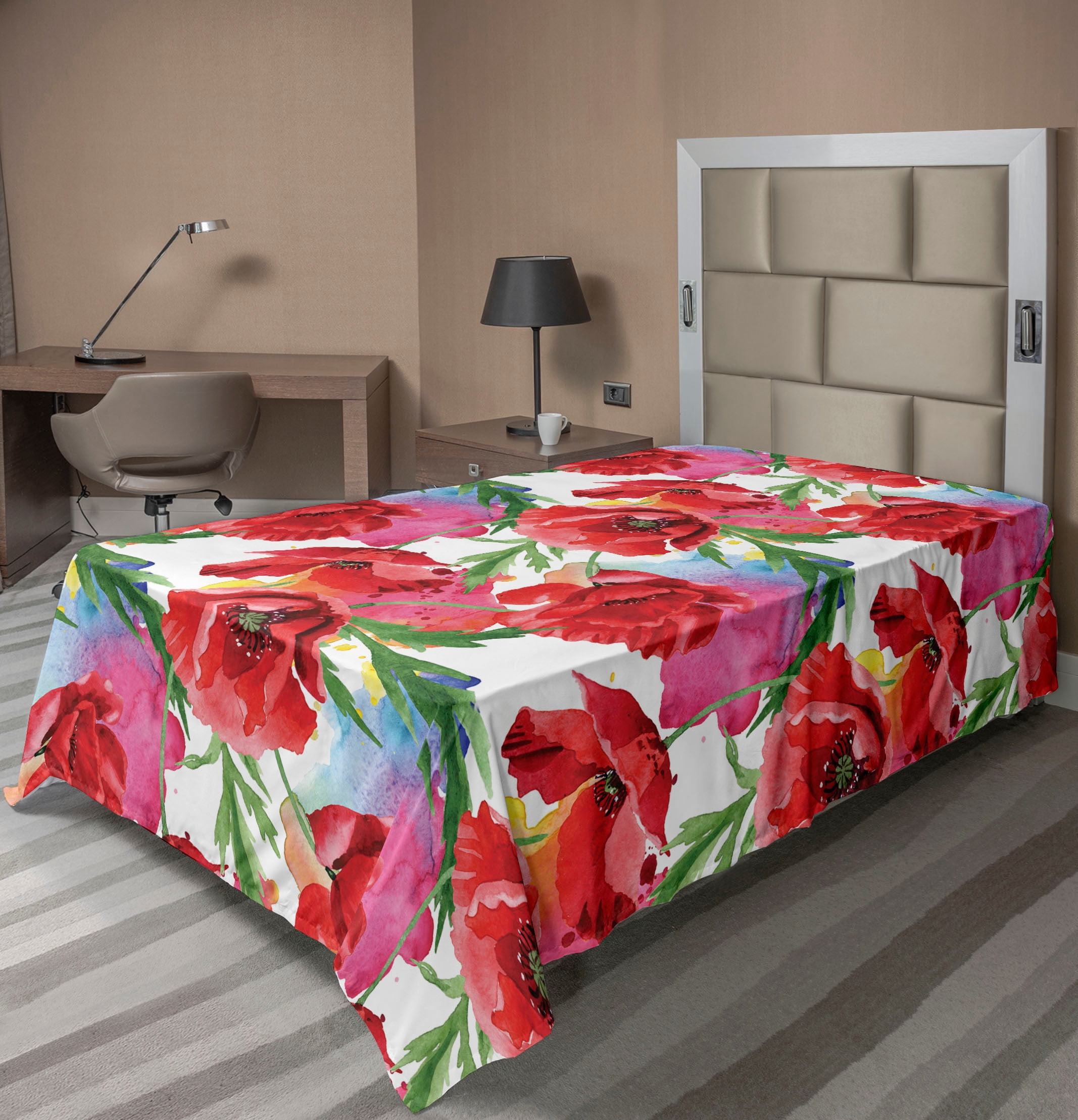 Floral Flat Sheet, Colorful Flower Garden in Watercolor Style Poppy ...