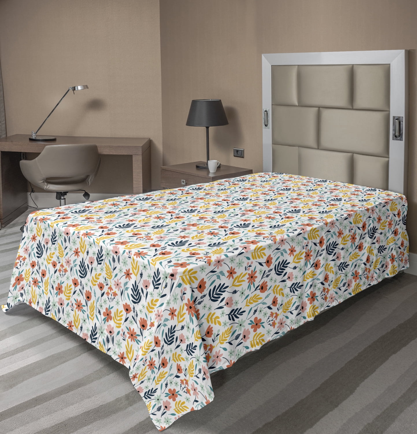 Floral Flat Sheet, Continuous Minimalist Meadow Flowers Cheerful Motifs ...