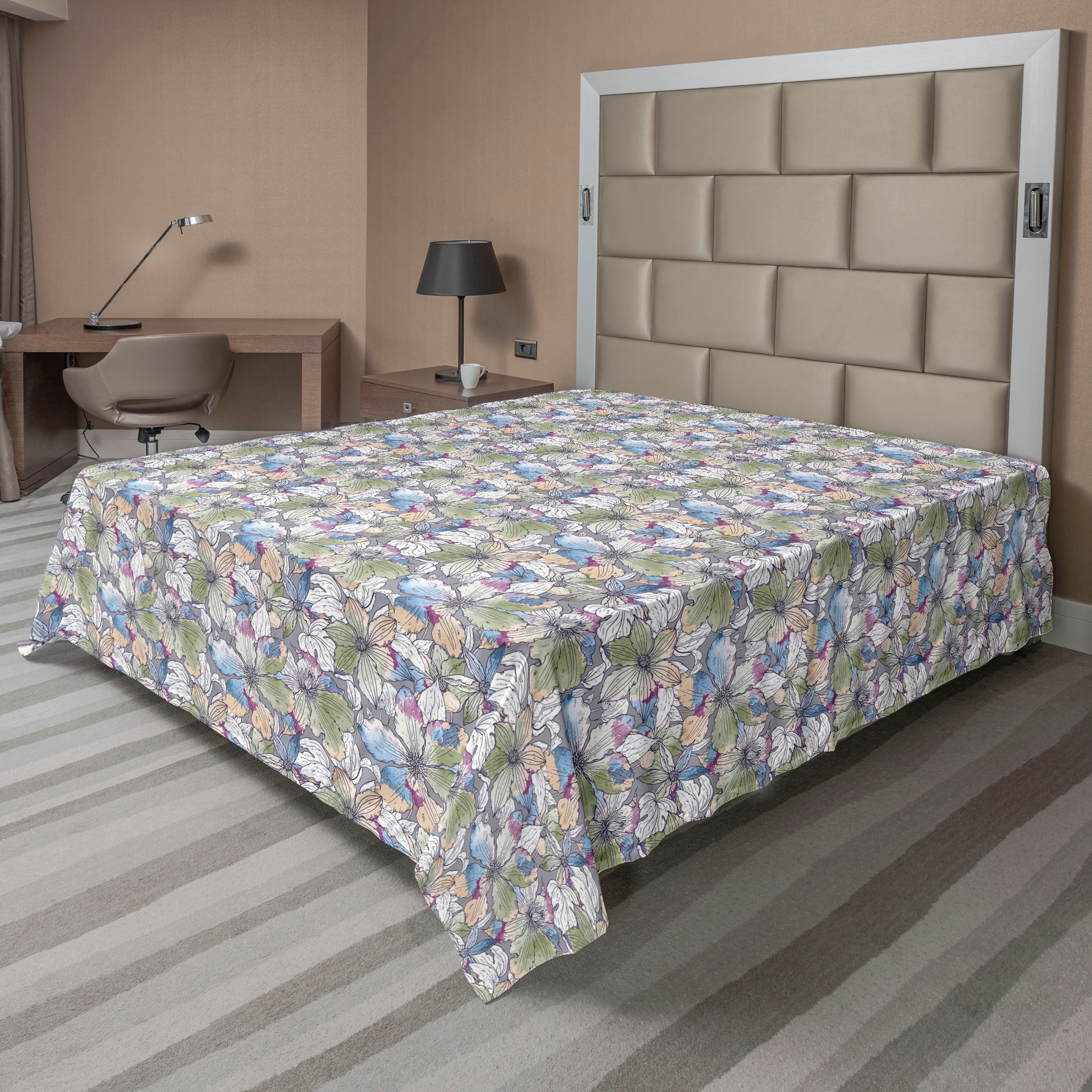 Floral Flat Sheet, Garden Themed Clematis Blooms Watercolor Style Art ...
