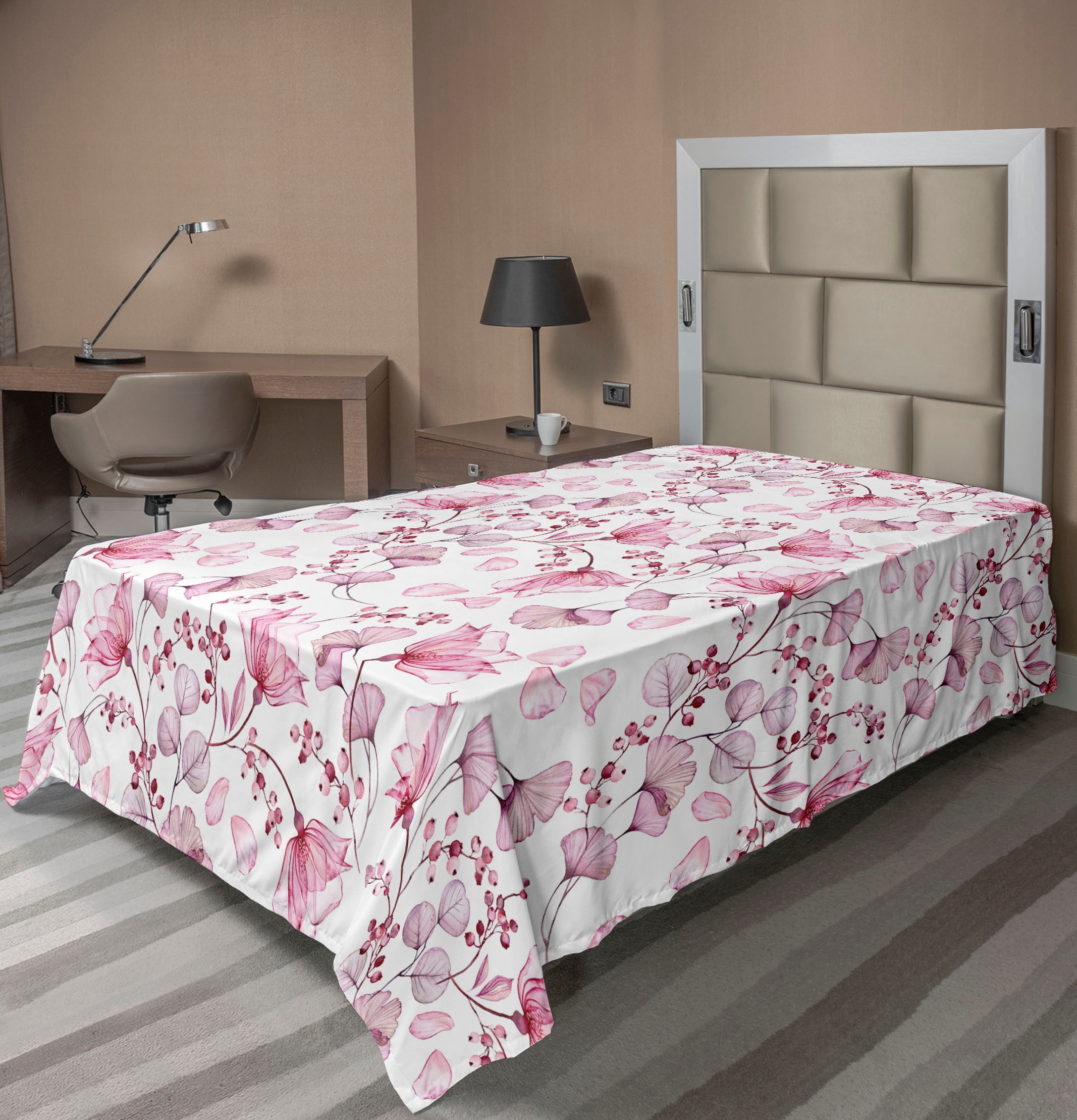 Floral Flat Sheet, Modern and Romantic Look Wild Petals Ginkgo Leaves ...