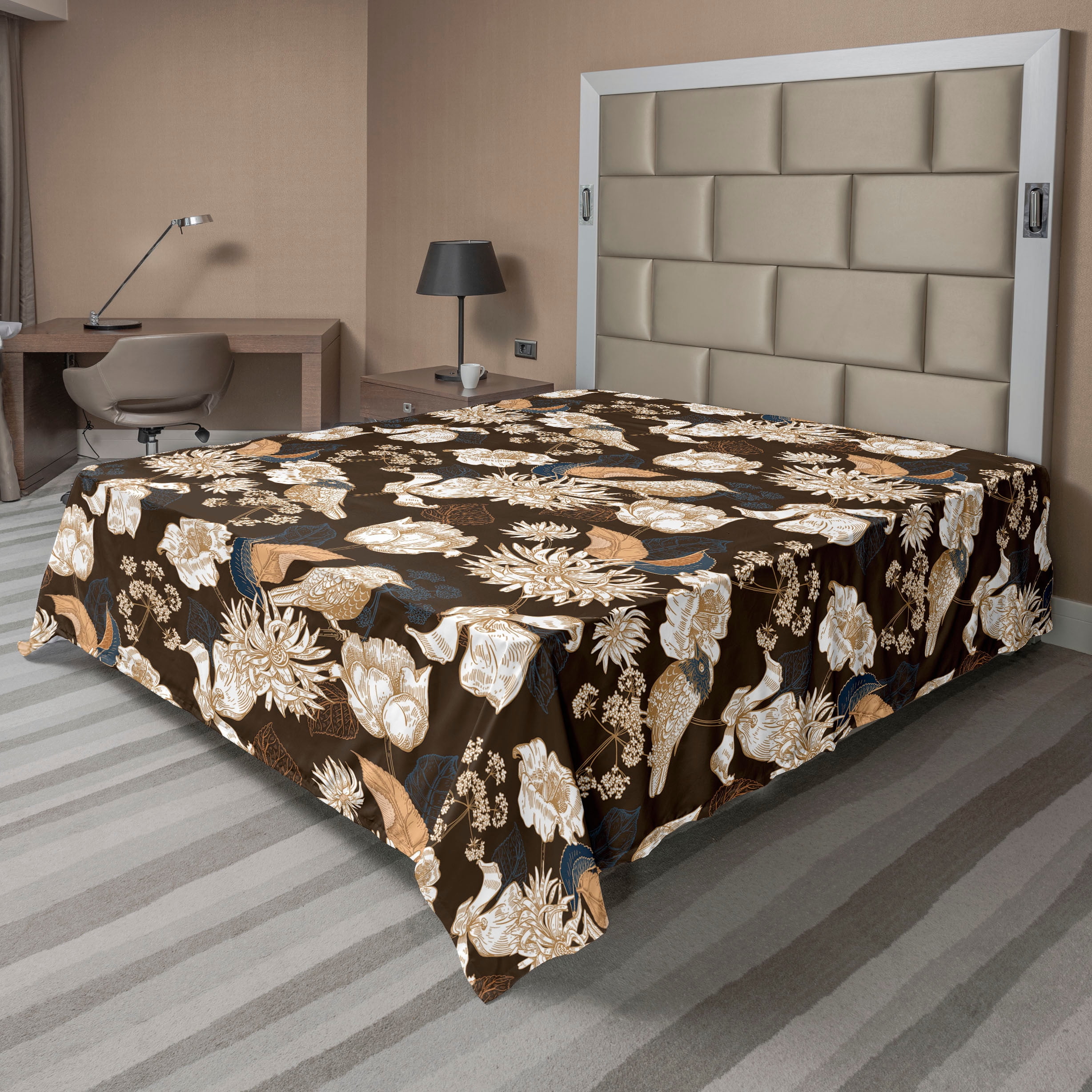 Floral Flat Sheet, Nature Inspired Botanical Themed Illustrated Bird ...