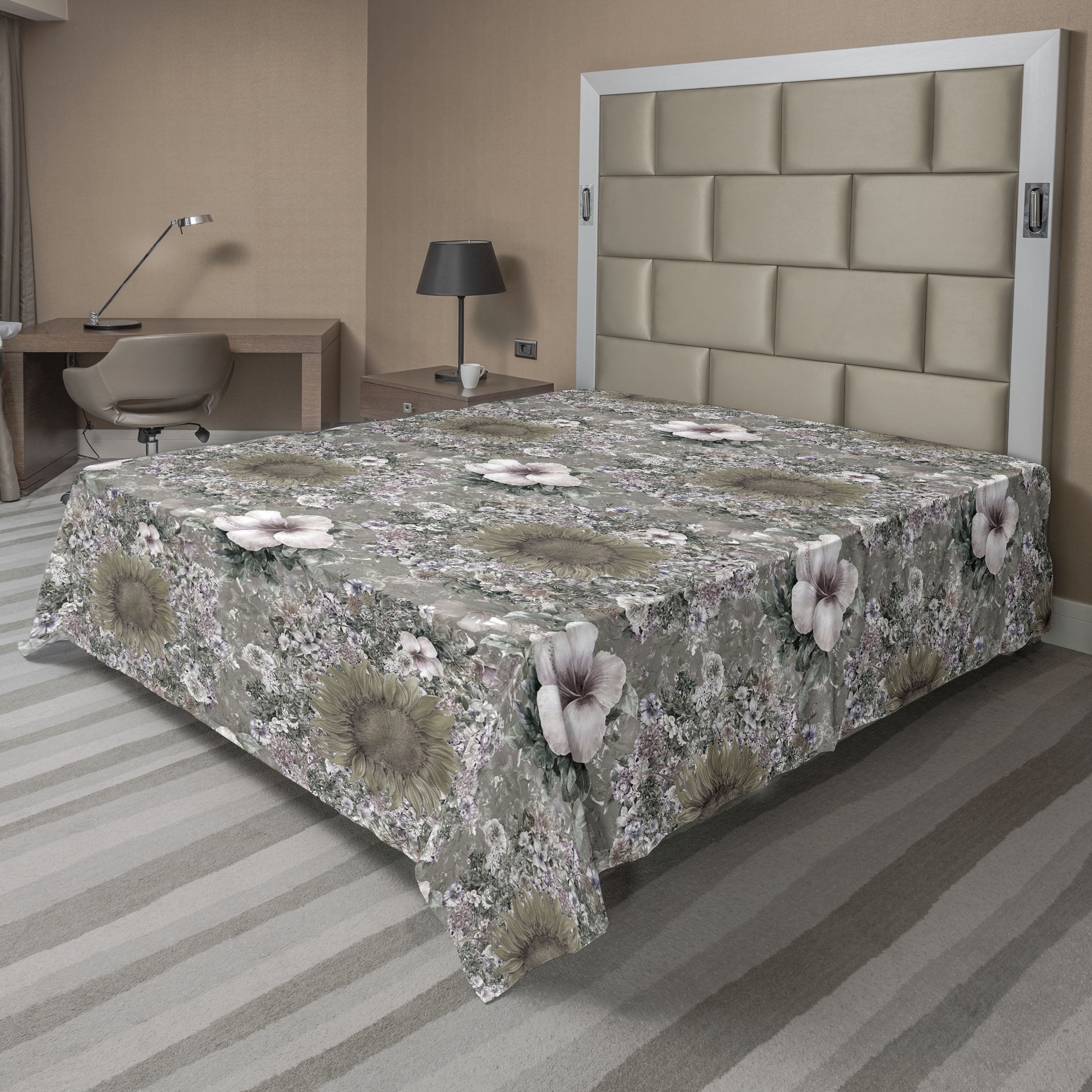 Floral Flat Sheet, Retro Tropical Hawaiian Hibiscus Sunflower Jumble ...