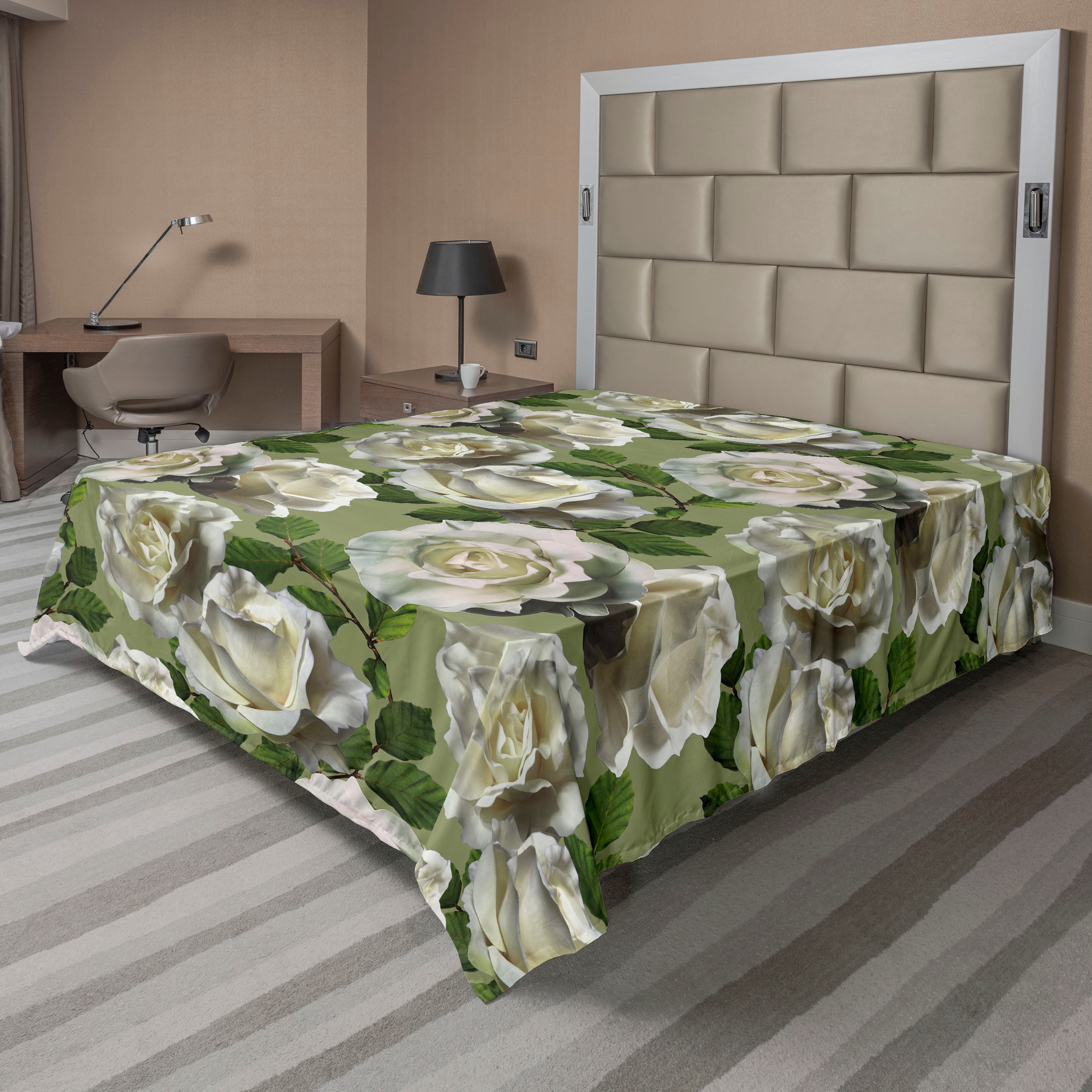 Floral Flat Sheet, Romantic Innocent White Roses English Garden ...