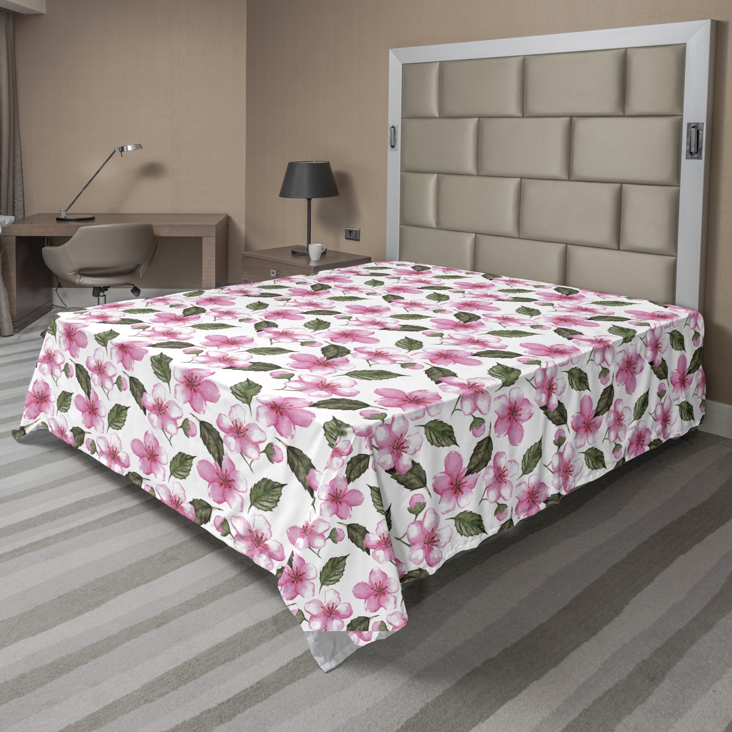 Floral Flat Sheet, Sakura the Cherry Blossom Flowers with Leaves ...
