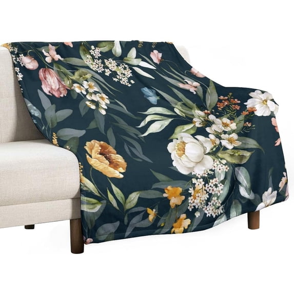 Floral Fleece Throw Blanket, Watercolour Leaf Flower Herb Nature Plant ...