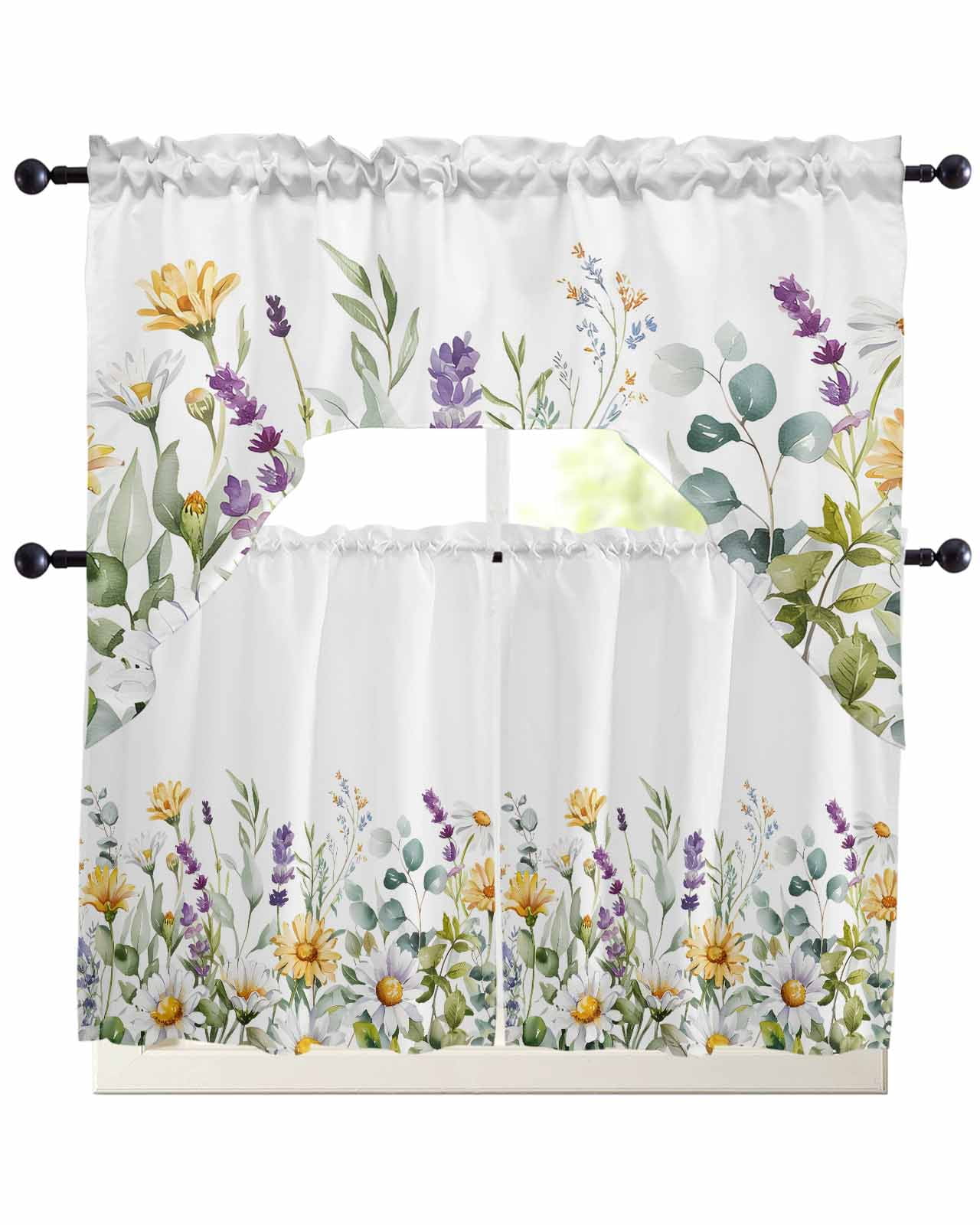 Floral Flower Kitchen Curtains Sets 36 Inch Length with Valance ...