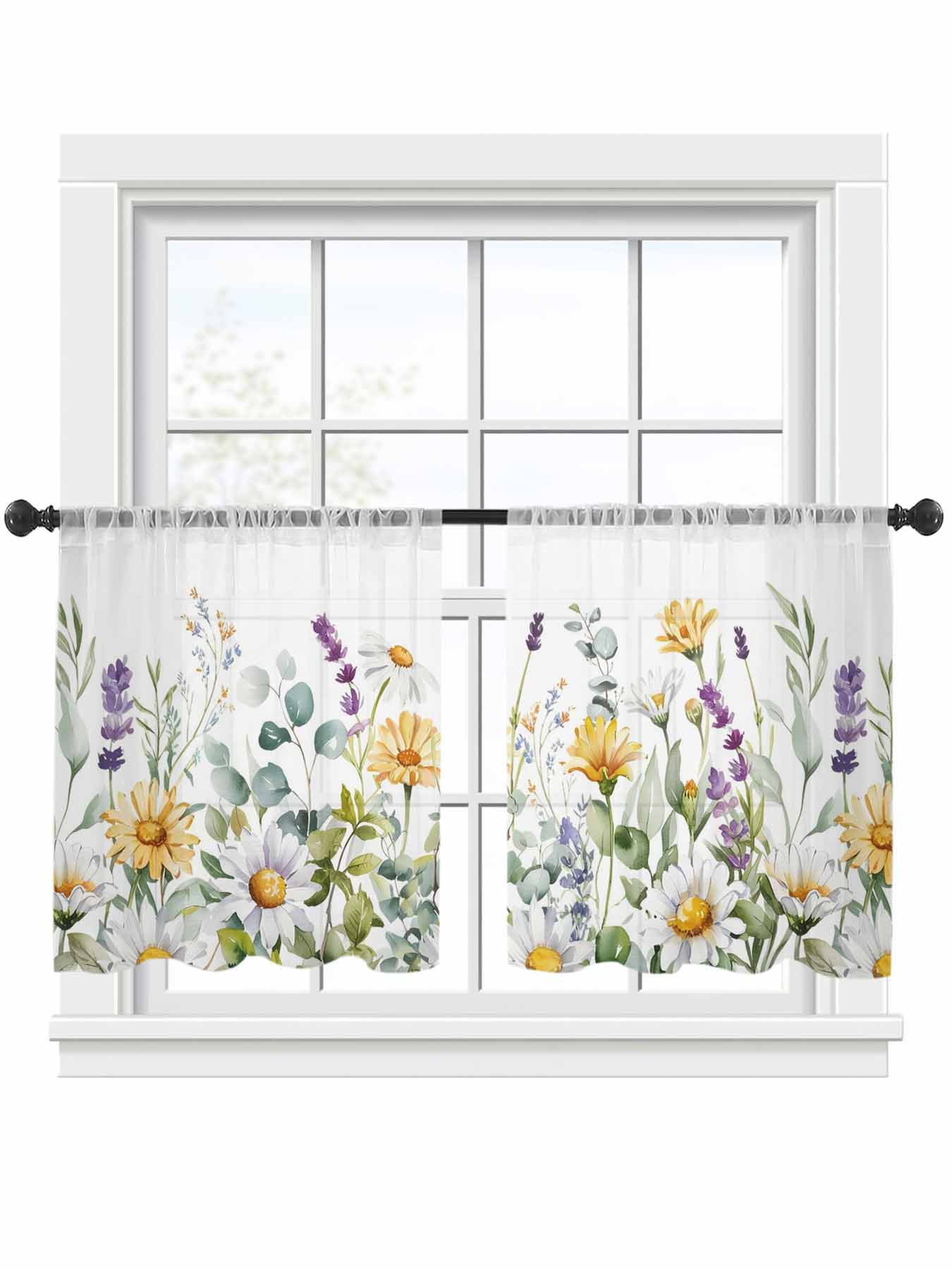 Floral Flower Sheer Curtains 45 Inch Length 2 Panels Set, Semi ...