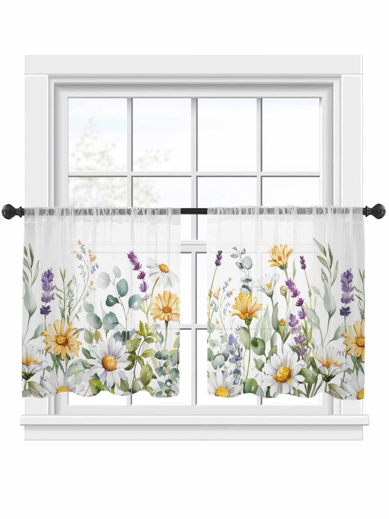 Floral Flower Sheer Curtains 54 Inch Length 2 Panels Set, Semi ...