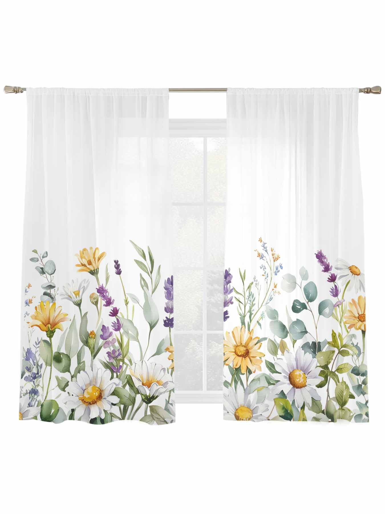 Floral Flower Sheer Curtains 72 Inch Length 2 Panels Set, Semi ...