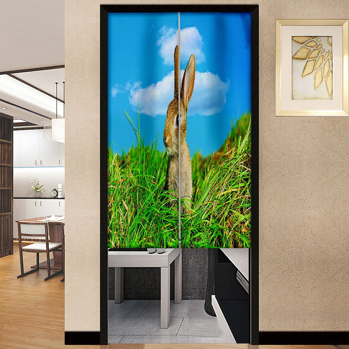 Floral Flowers White Cute Rabbit Linen Print Door Curtain for Living ...