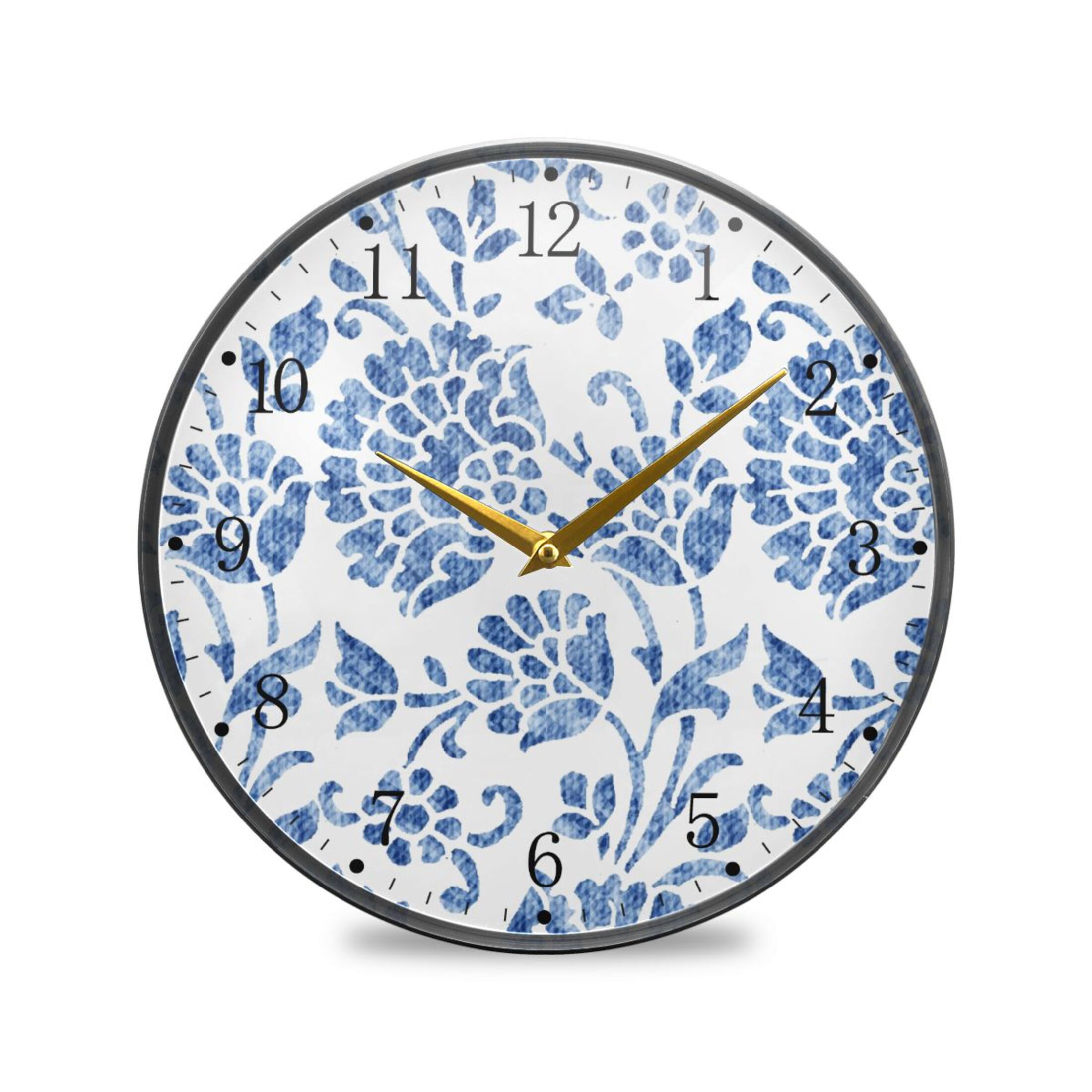Floral Flowers with Blue Acrylic Wall Clocks Quiet Round Clock Battery ...