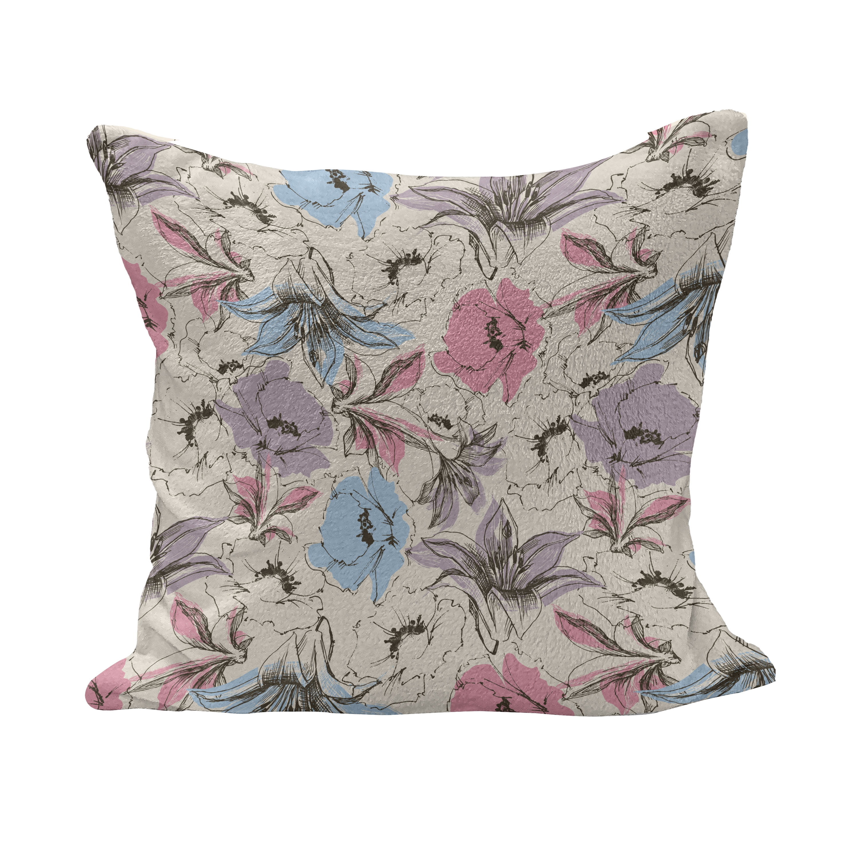 Floral Fluffy Throw Pillow Cushion Cover, Hand Drawn Lily and Poppies Sketch Effect Chastity and ...