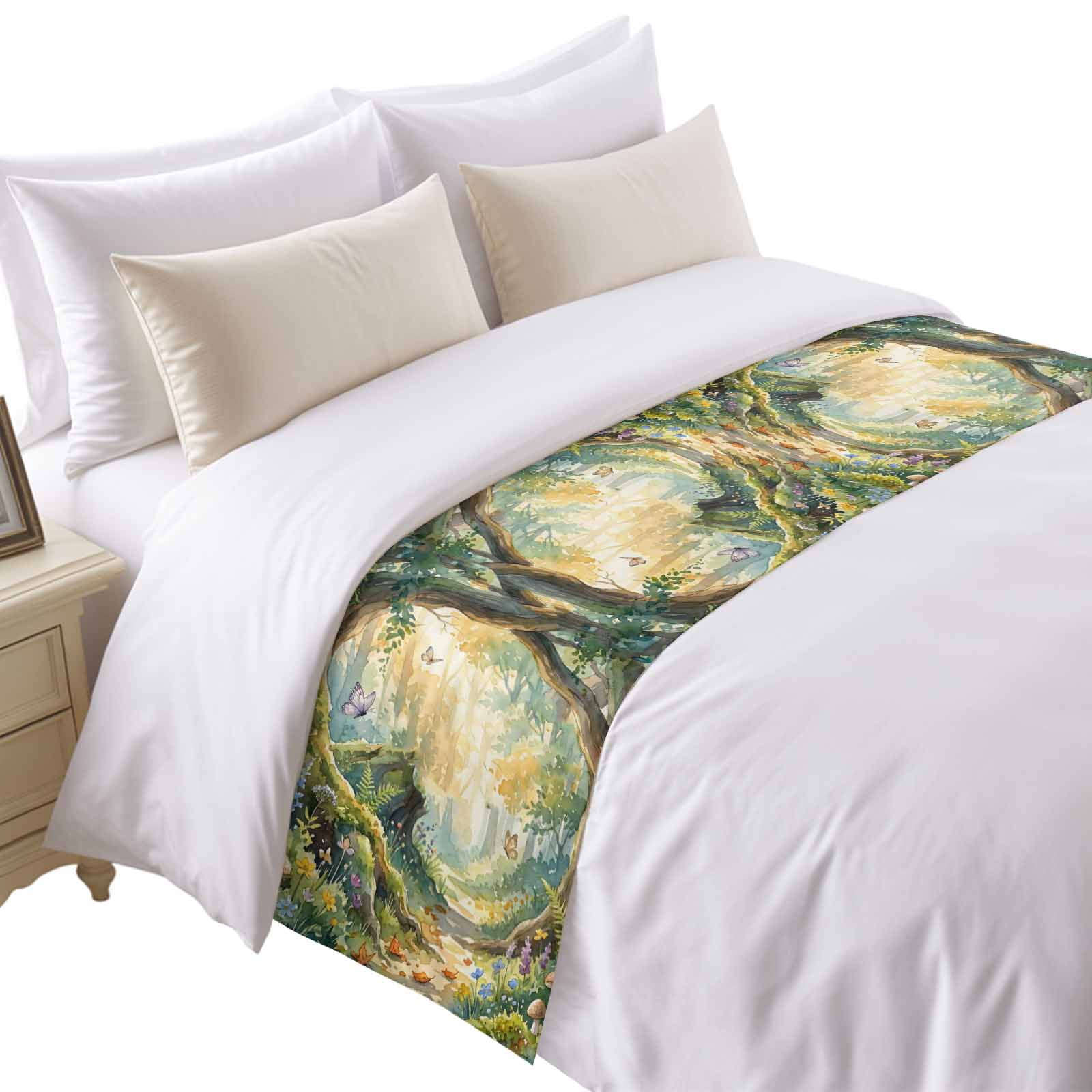 Floral Forest Bed Runner for Twin Size Bed, Watercolor Mushroom Fern ...