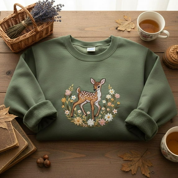 Floral Forest Deer Embroidered Sweatshirt Cottagecore Pink Bow Woodland ...