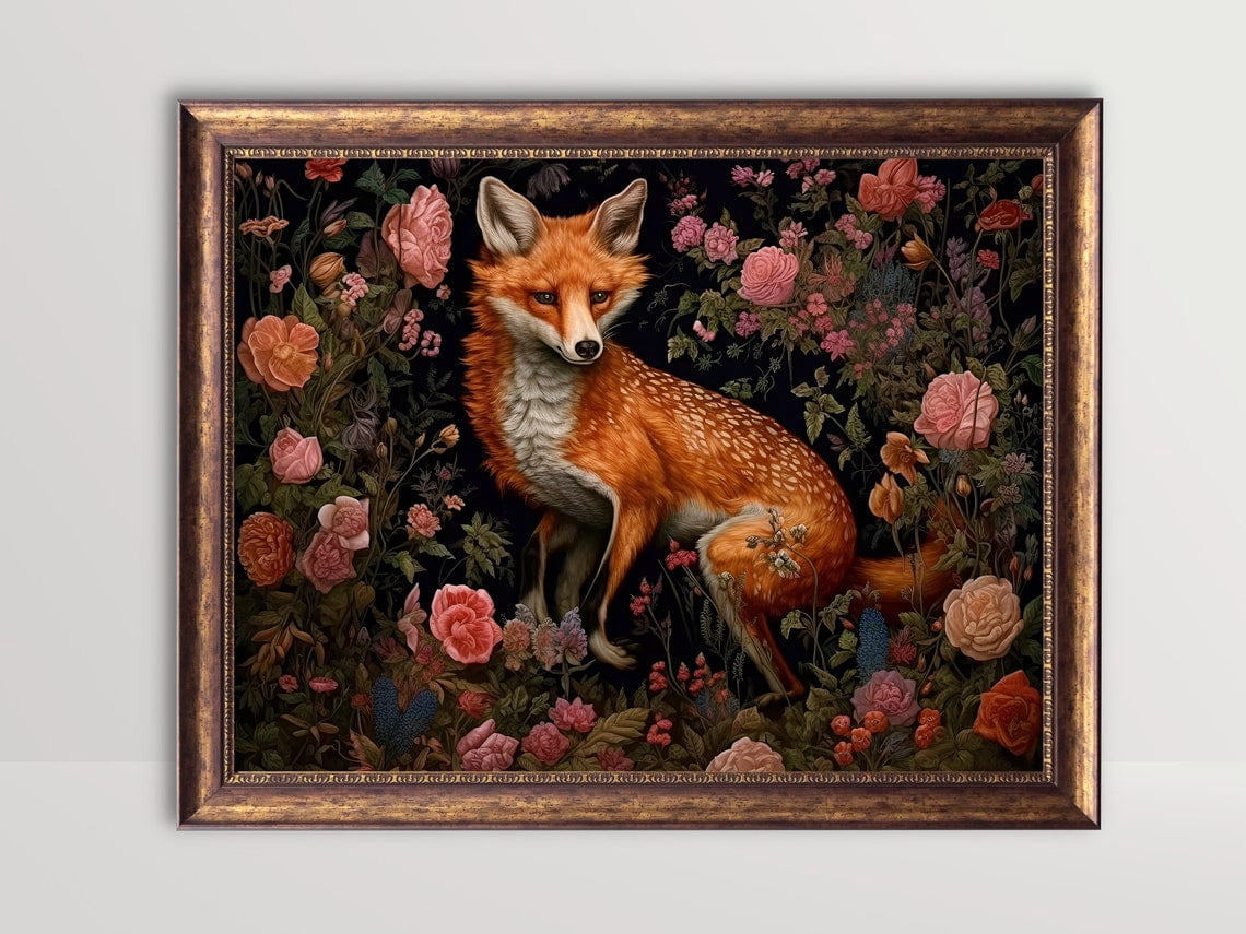 Floral Fox, Dark Gothic Botanical Art, Dark Academia Poster, Goth Wall ...
