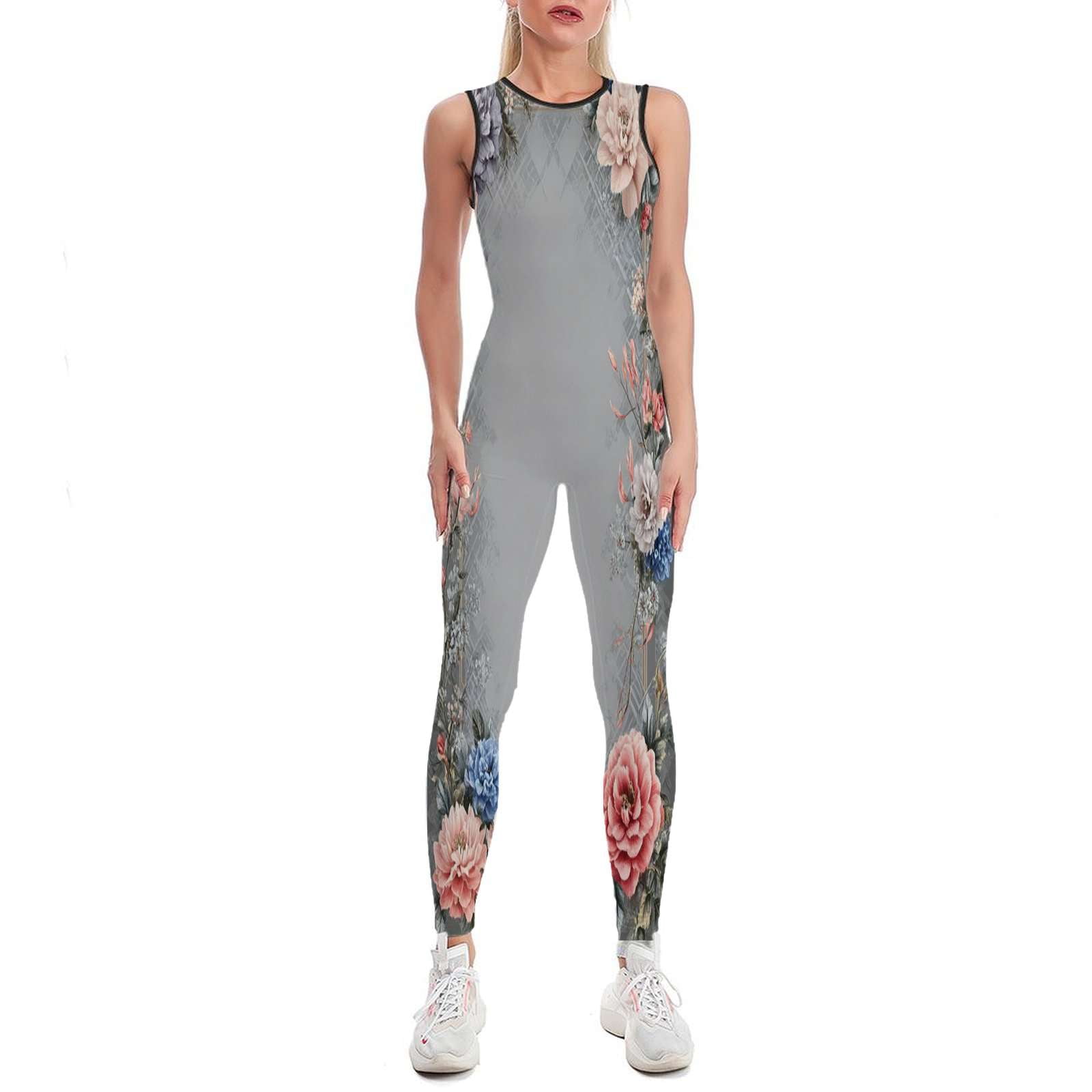 Floral Frame Gray Background Elegant Women's One Piece Yoga Jumpsuits ...