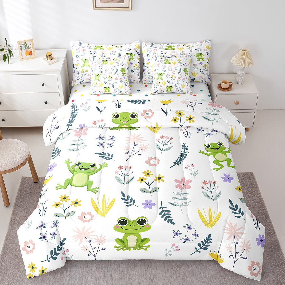 Floral Frog Bedding 7PCS Twin Size Comforter Sets for Boys Cartoon ...