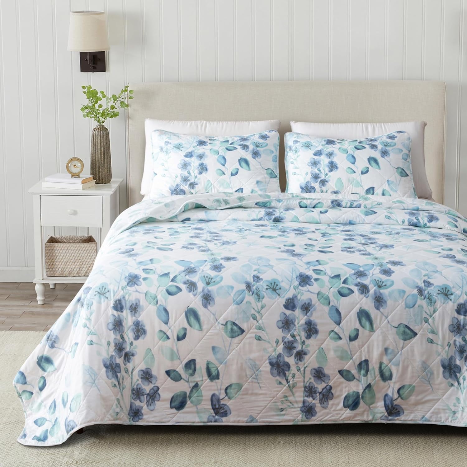Floral Full/Queen Quilt Set with Shams, Blue Green Floral Bedding Set ...