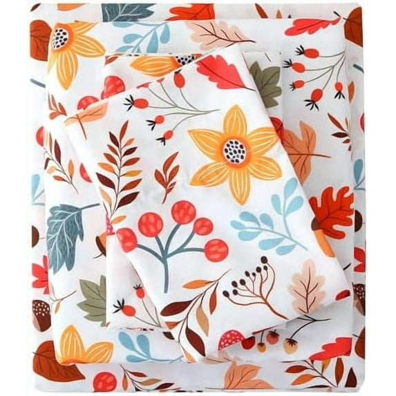 Floral Full Sheet Set - 4 Piece Printed Nuts and Fallen Leaves Vintage ...