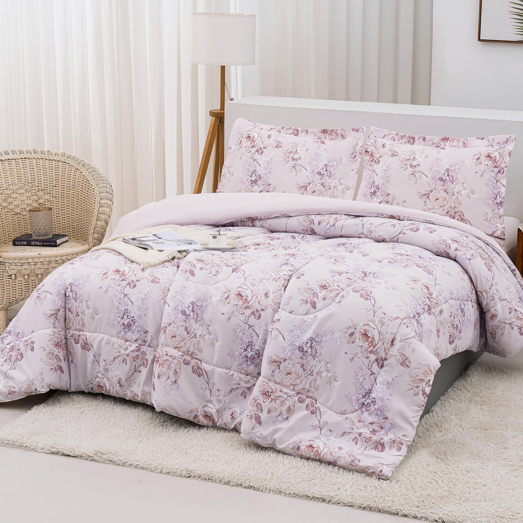 Floral Full Size Comforter Sets, Pink Vintage Botanical Flower Printed Bedding for All Seasons ...