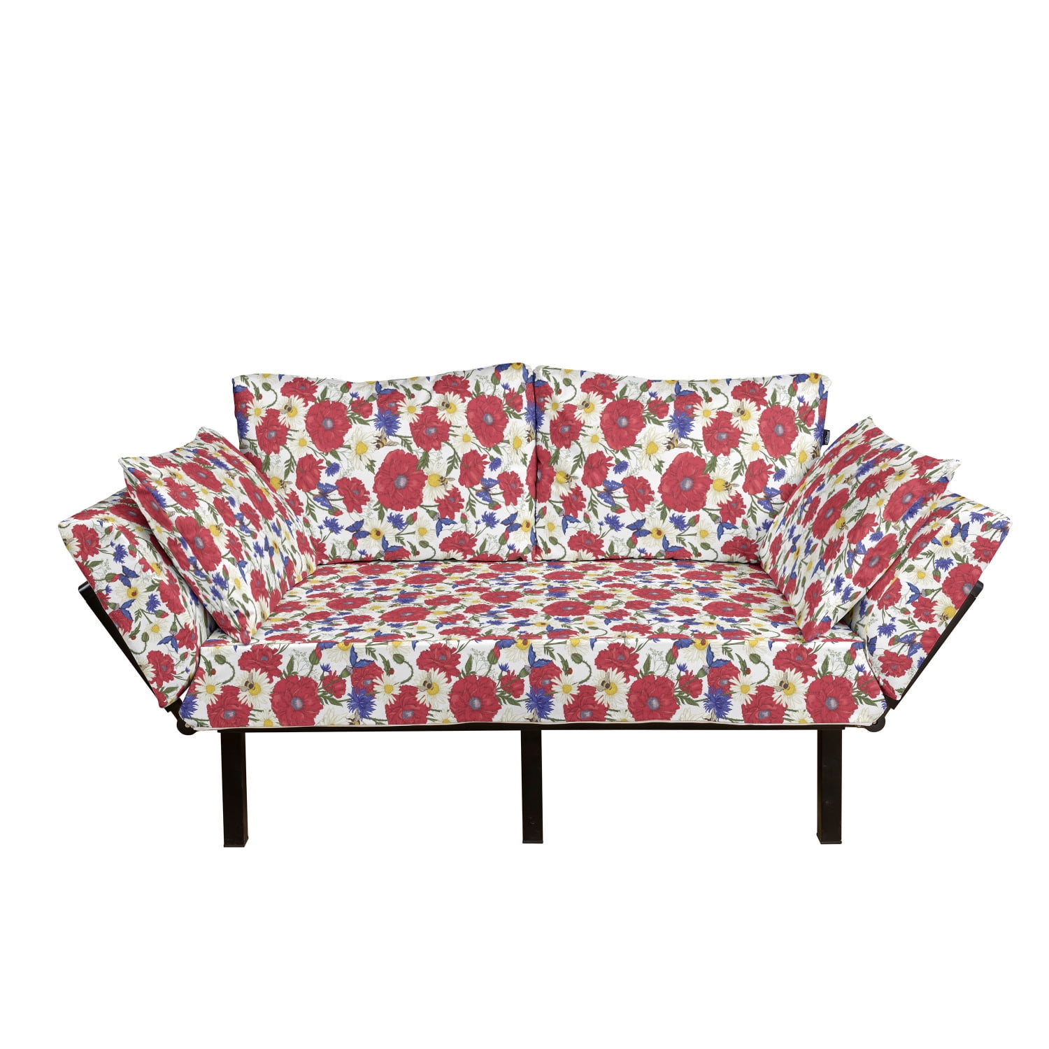 Floral Futon Couch, Blooming Red Poppies Chamomile Ladybird and Daisies ...